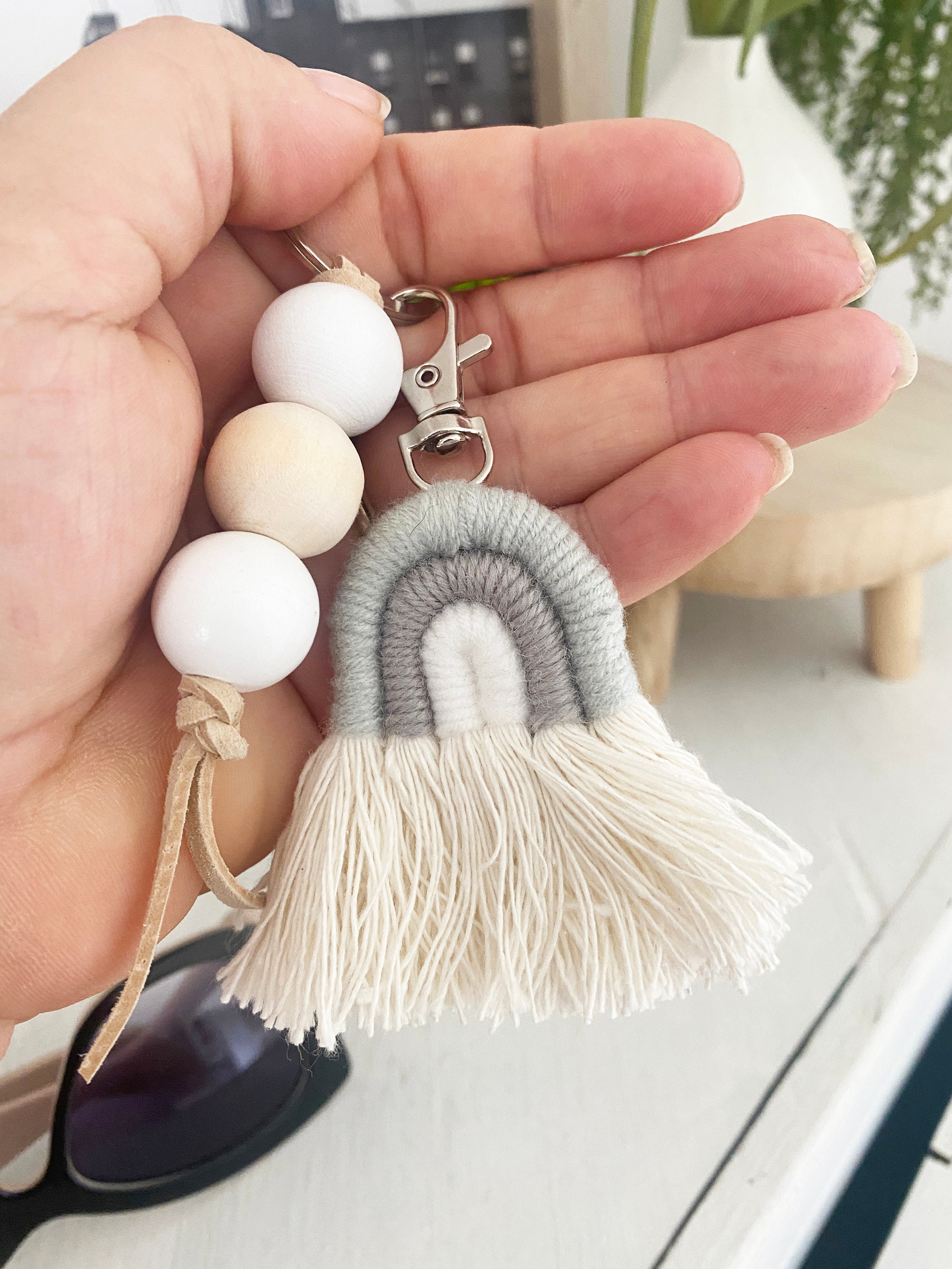 Beaded Keychain With Wrapped Boho Neutral Rainbow, Car Accessories, Key ...