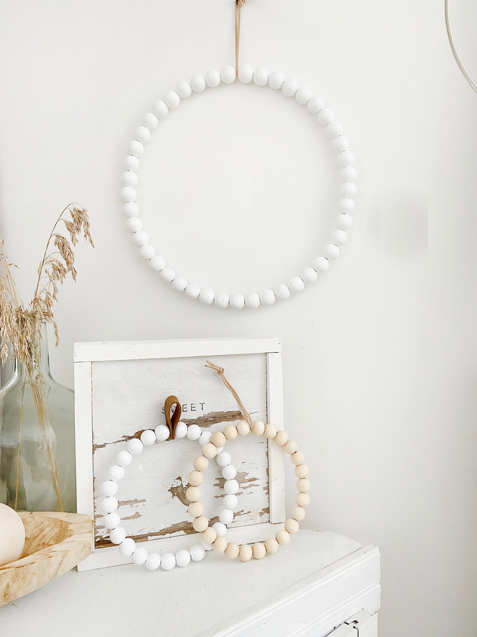 Large White Wreath, Hoop Wreath, Wood Bead Wreath, Everyday Wreath ...