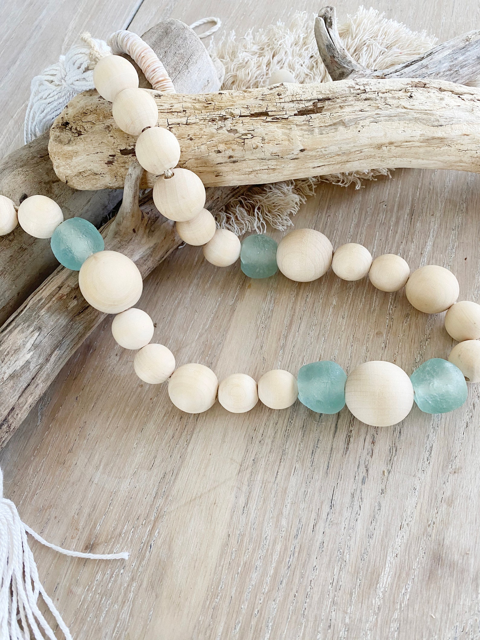 Sea Glass Decor, Wood Bead Decor, Long Garland, Coastal Living Decor ...