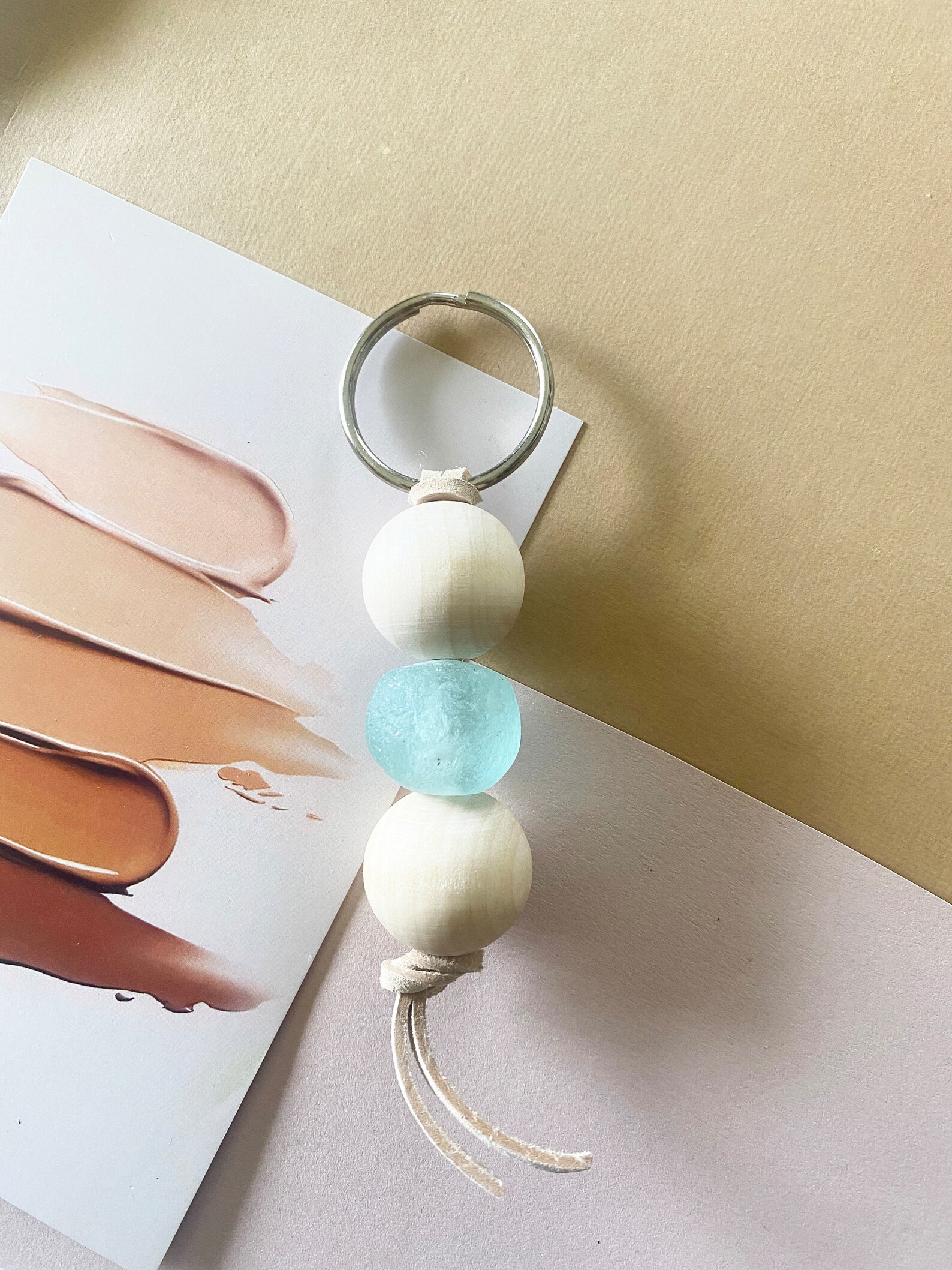 Natural Keychain Wood Bead Sea Glass Keychain Boho - Etsy