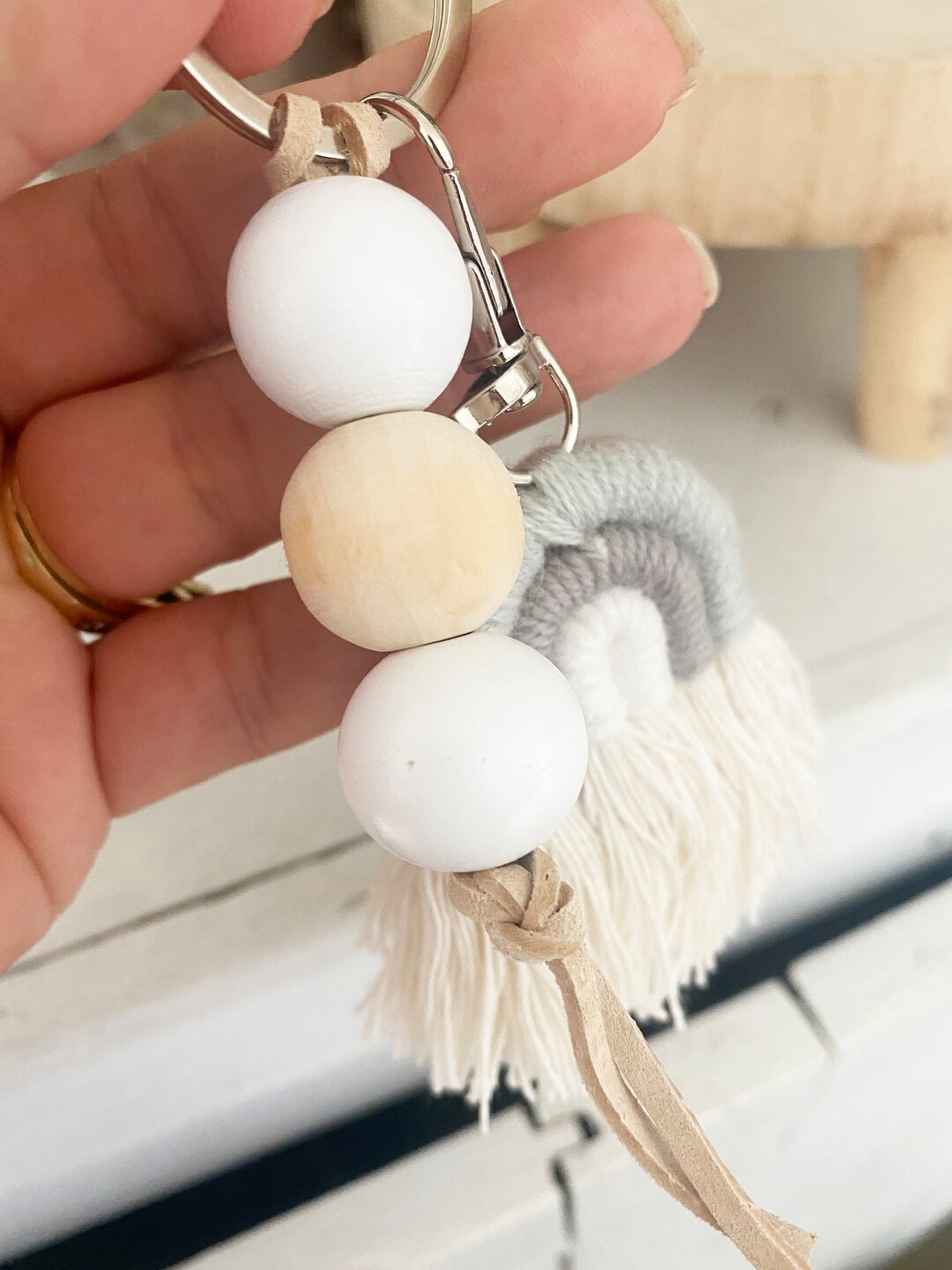 Beaded Keychain With Wrapped Boho Neutral Rainbow, Car Accessories, Key ...