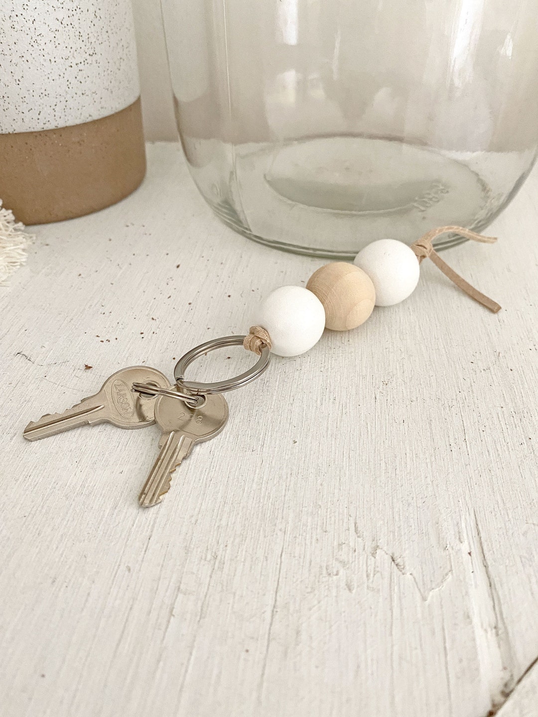 Boho Keychain, Beach House Gift, Wood Bead Keychains, Beaded Keychain ...