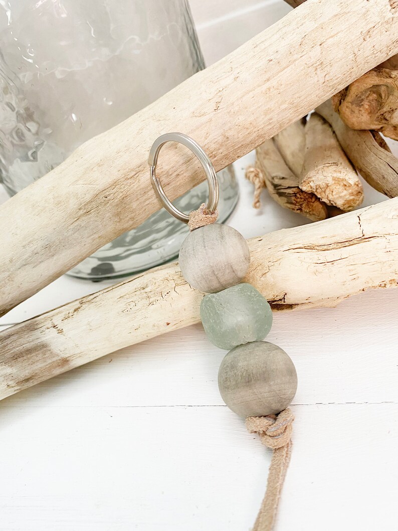 Natural Keychain Wood Bead Sea Glass Keychain Boho | Etsy