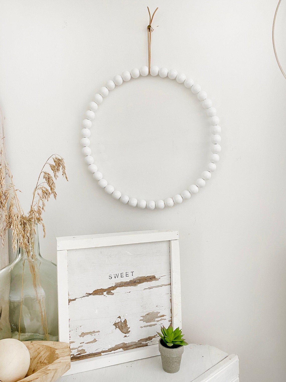 Large White Wreath, Hoop Wreath, Wood Bead Wreath, Everyday Wreath ...