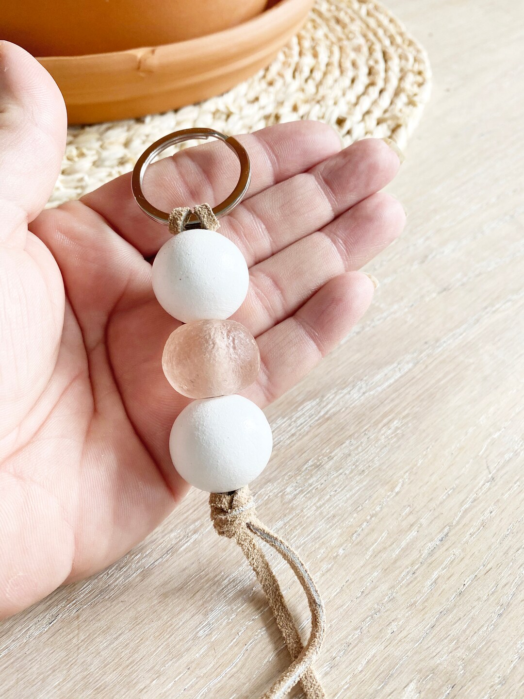 Keychains for Women, Pink Sea Glass Keychain, Wood Bead Key Fob, Boho ...