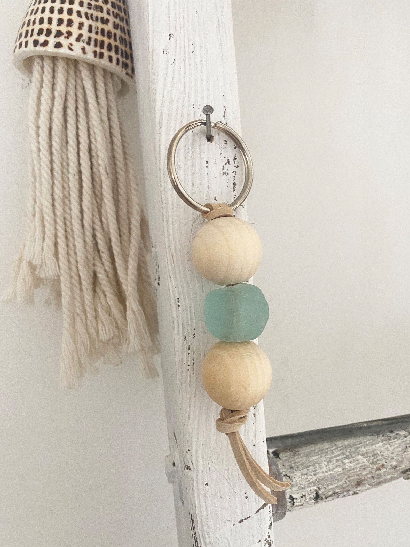 Natural Keychain Wood Bead Sea Glass Keychain Boho - Etsy
