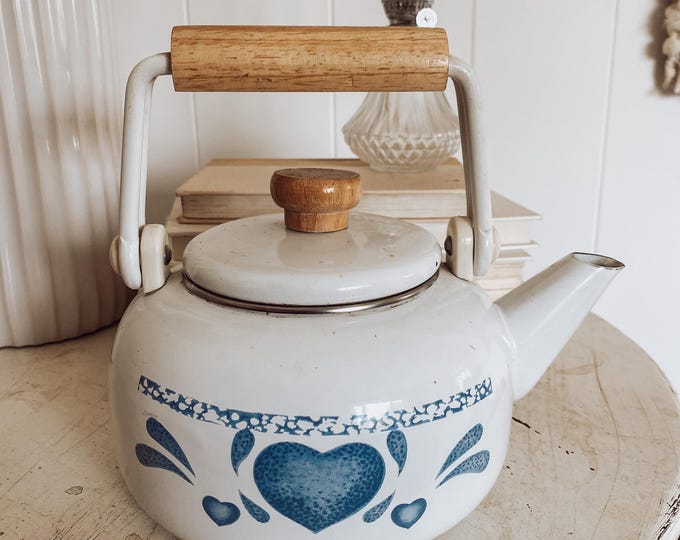 Vintage White and Blue Enamel Tea Kettle, Blue Heart Teapot Wood ...