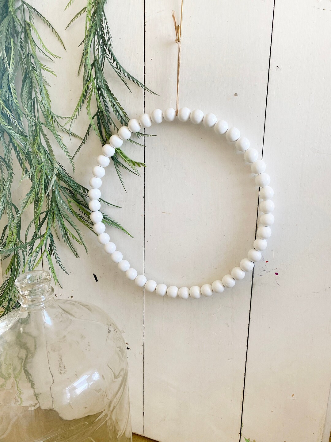 Large White Wreath, Hoop Wreath, Wood Bead Wreath, Everyday Wreath ...