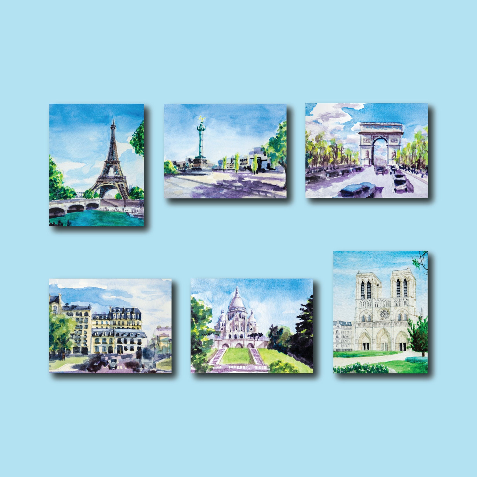 Paris, France Postcard Set / Watercolor Painting Print Travel Landmarks ...
