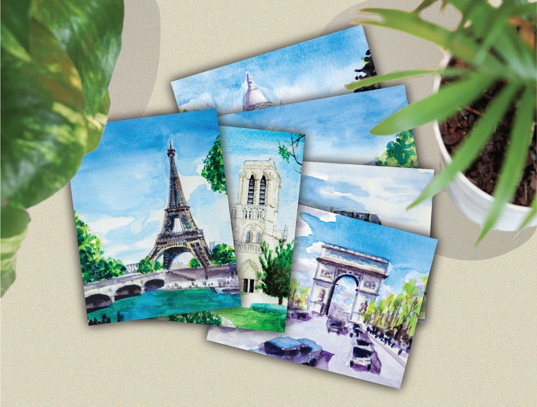 Paris, France Postcard Set / Watercolor Painting Print Travel Landmarks ...