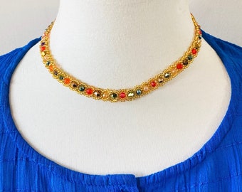 Silver Red and Blue Beaded Necklace, Three Tone Beaded Handmade Necklace, Multicolor Beaded ...
