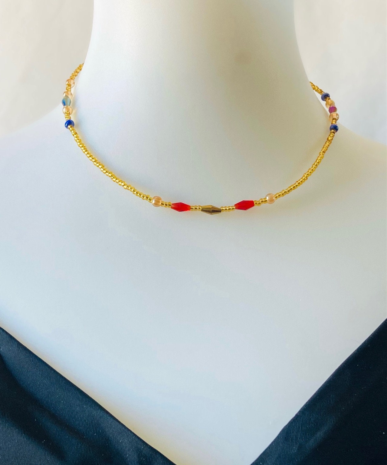 Beaded Gold Color and Red Handmade Necklace, Multicolor Beaded Gold ...