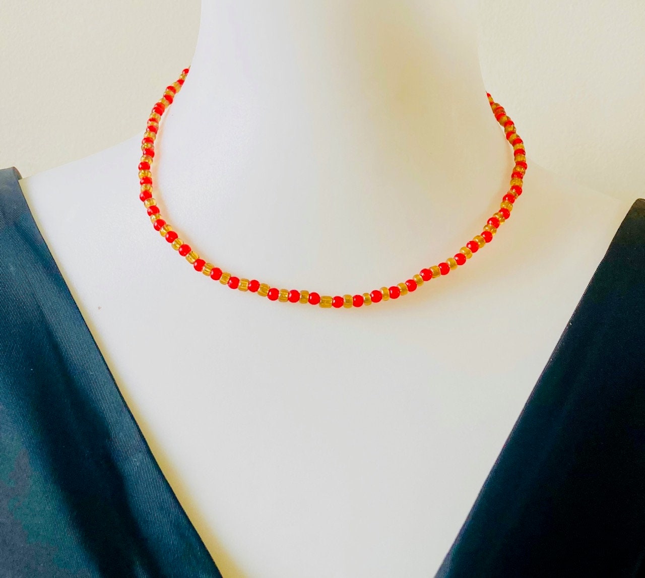 Beaded Gold Color and Off-red Handmade Necklace, Two Tone Beaded ...