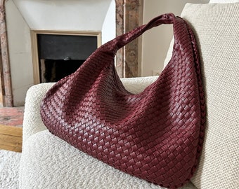 Large Burgundy Shoulder Bag for Women Cherry Red Vegan Leather Woven Burgundy Purse Hobo ...