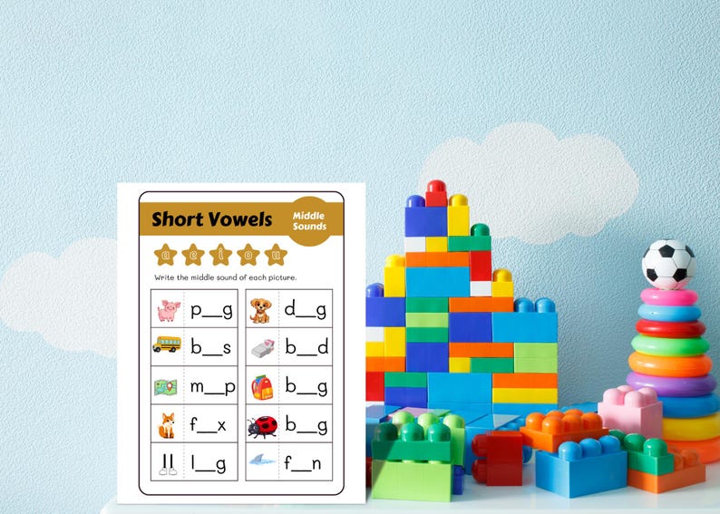 English Short Vowels Worksheet | Middle Sounds Practice | Phonics ...