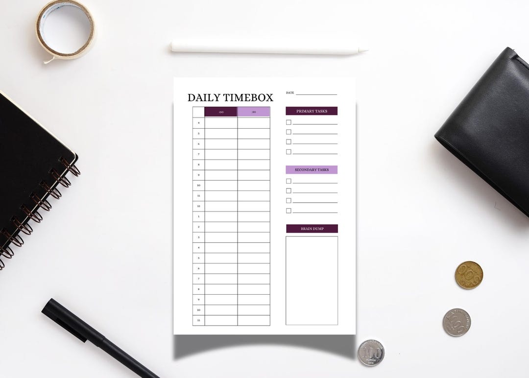 Simple Half Hour Daily Timebox Printable Template | Single Page Daily ...