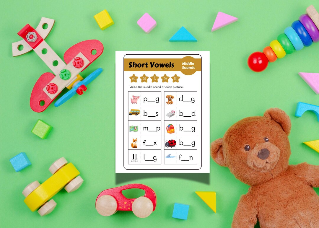 English Short Vowels Worksheet | Middle Sounds Practice | Phonics ...