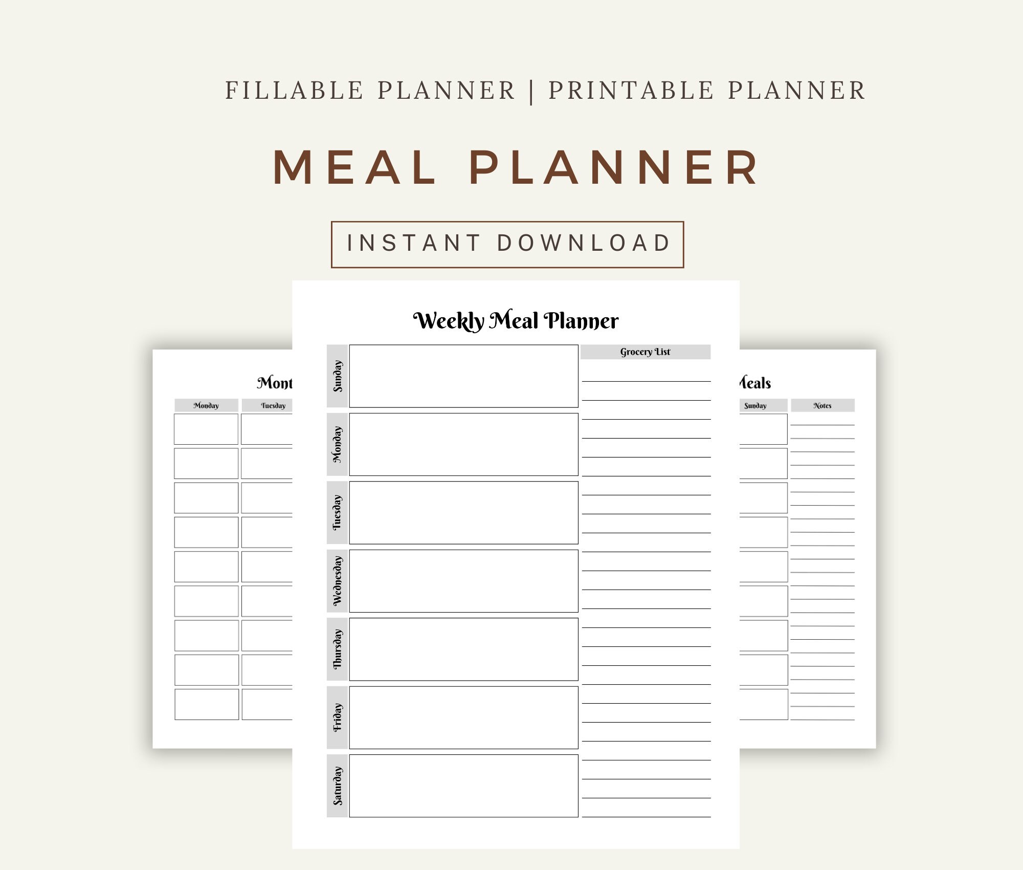 Meal Planner Printable | Daily Food Journal, Grocery List, Meal Prep ...