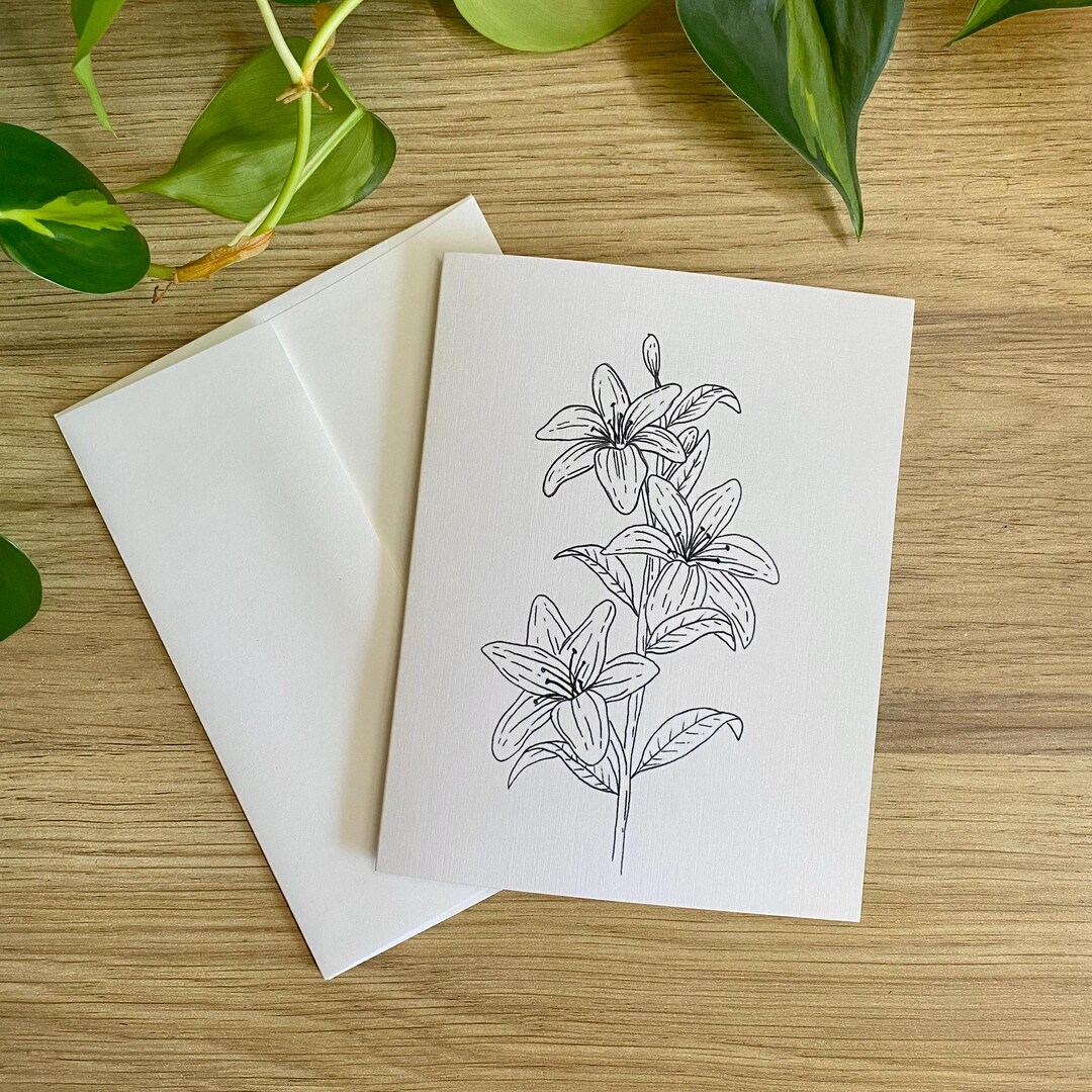 Blank Lily Greeting Card With Envelope, Ink Botanical Stationery Set ...