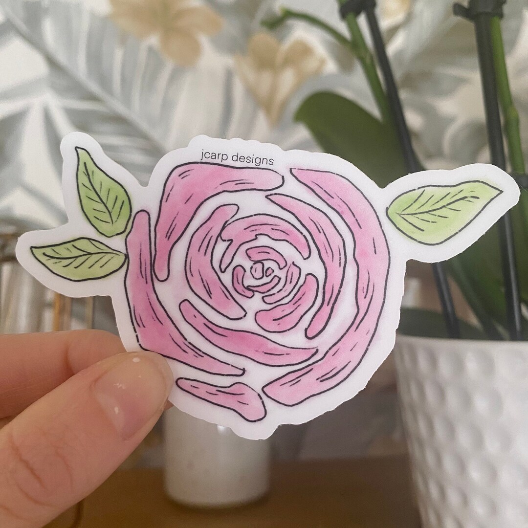 Pink Rose Vinyl Sticker, Minimal Watercolor Flower Sticker, Waterproof ...