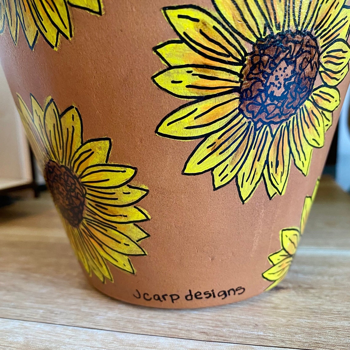 Hand Painted Sunflower Terracotta Pot With Drainage Hole, Medium Indoor ...