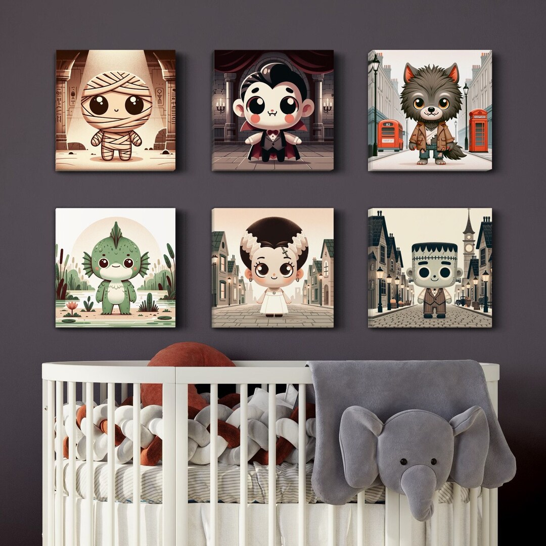 6pk Cute Classic Monsters Nursery Art, Monsters Wall Art, Baby, Cute ...