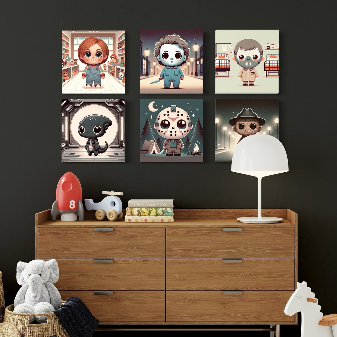 6pk Cute Horror Icons Nursery Art, Slashers Wall Art, Baby, Cute Kids ...