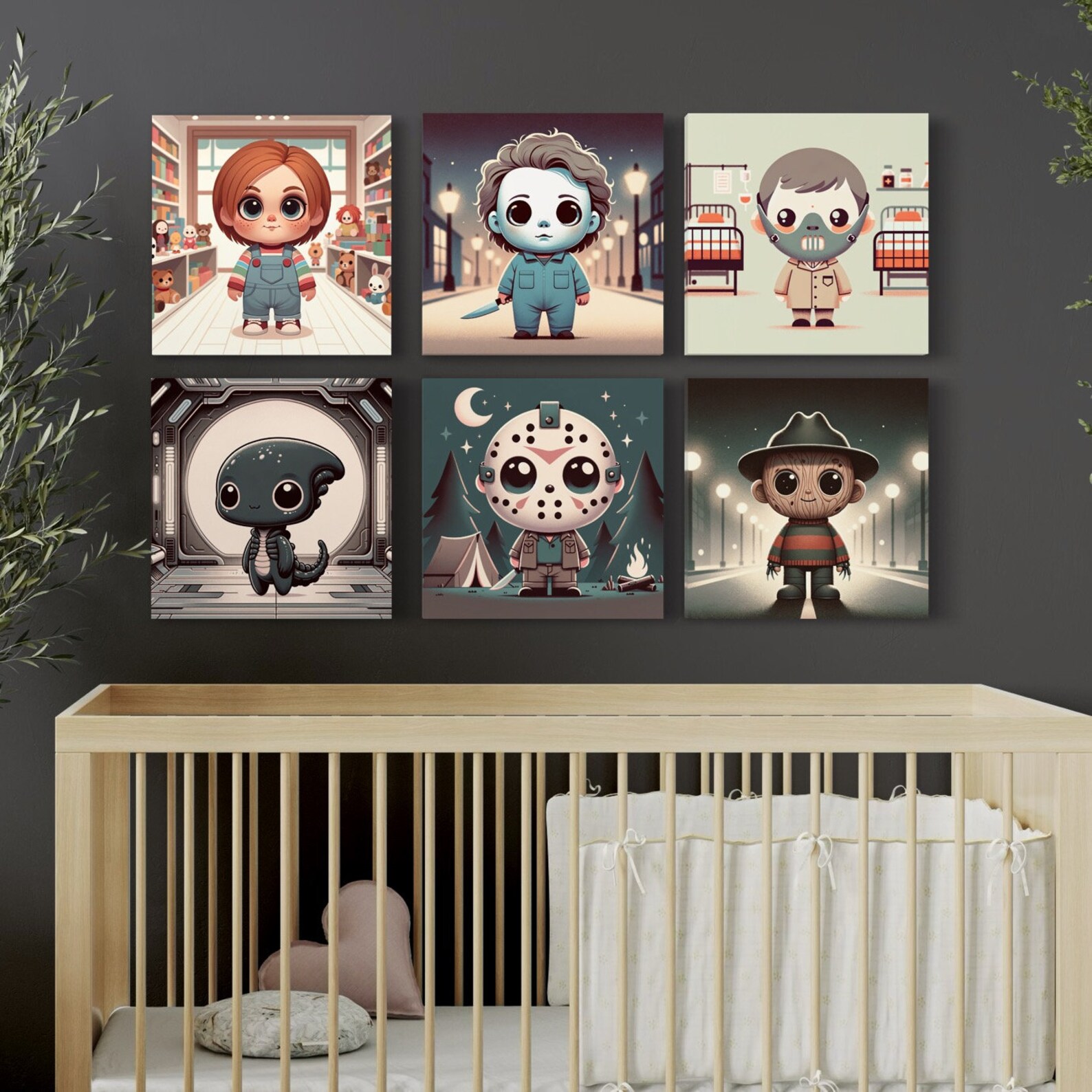 6pk Cute Horror Icons Nursery Art, Slashers Wall Art, Baby, Cute Kids ...
