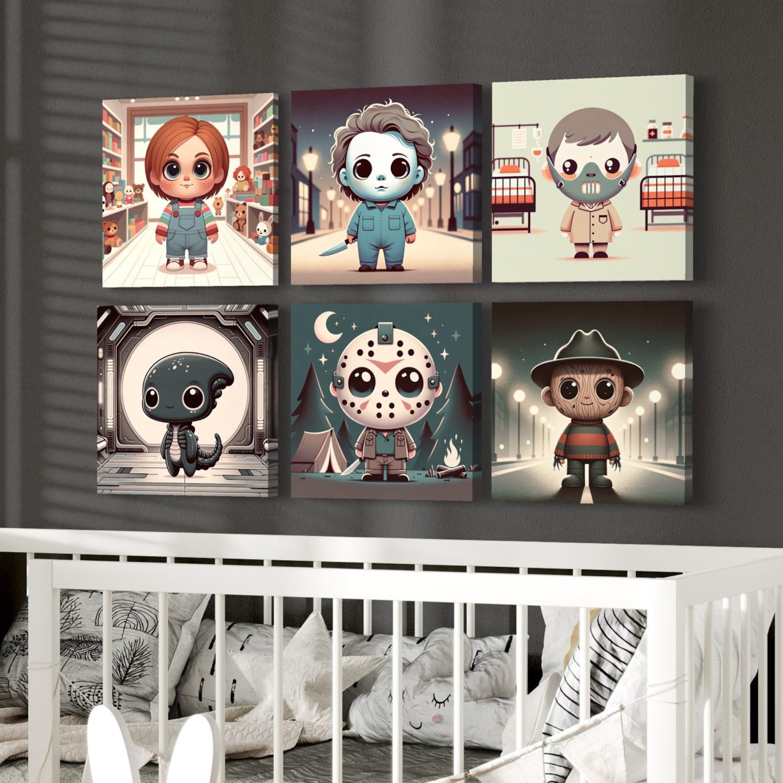 6pk Cute Horror Icons Nursery Art, Slashers Wall Art, Baby, Cute Kids ...