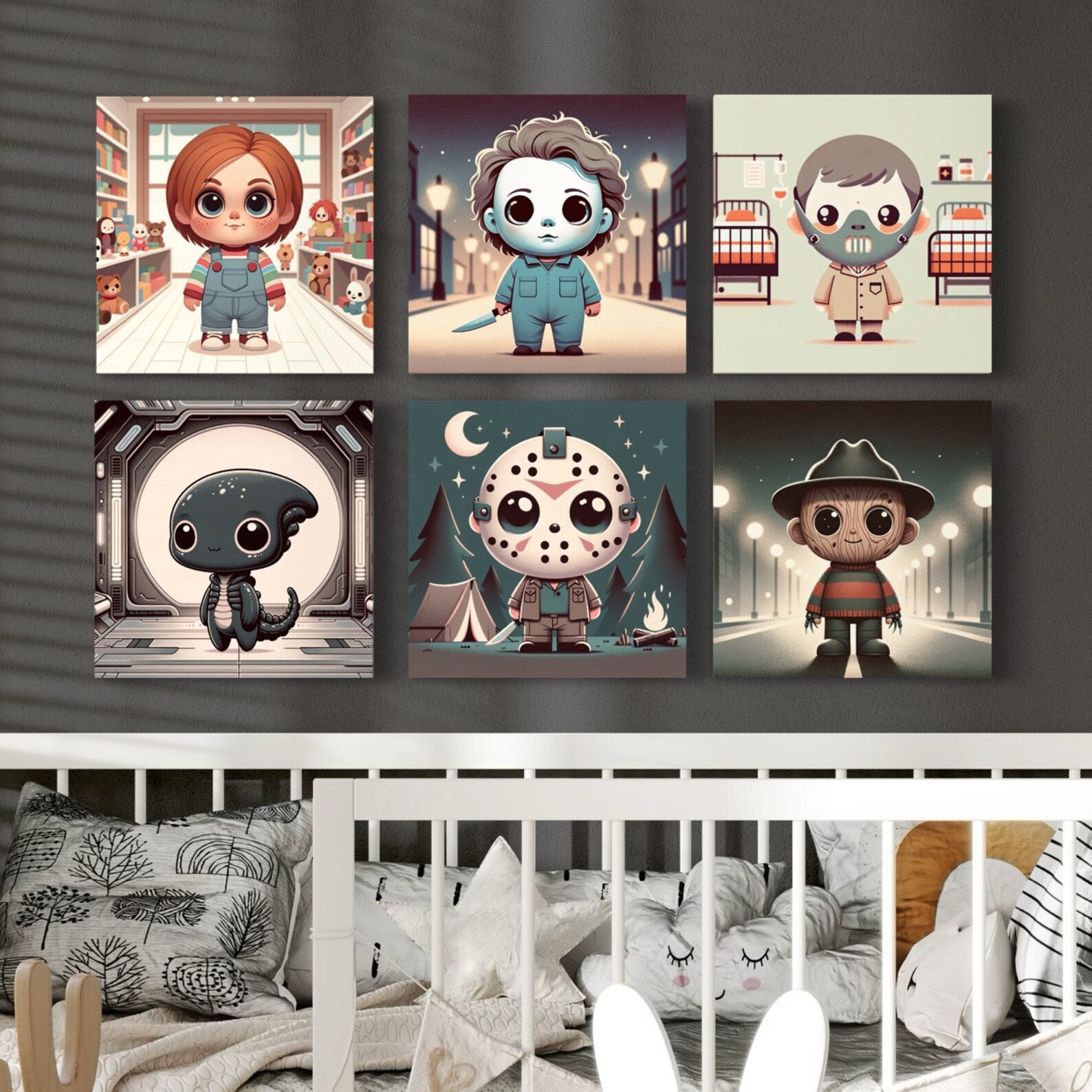 6pk Cute Horror Icons Nursery Art, Slashers Wall Art, Baby, Cute Kids ...
