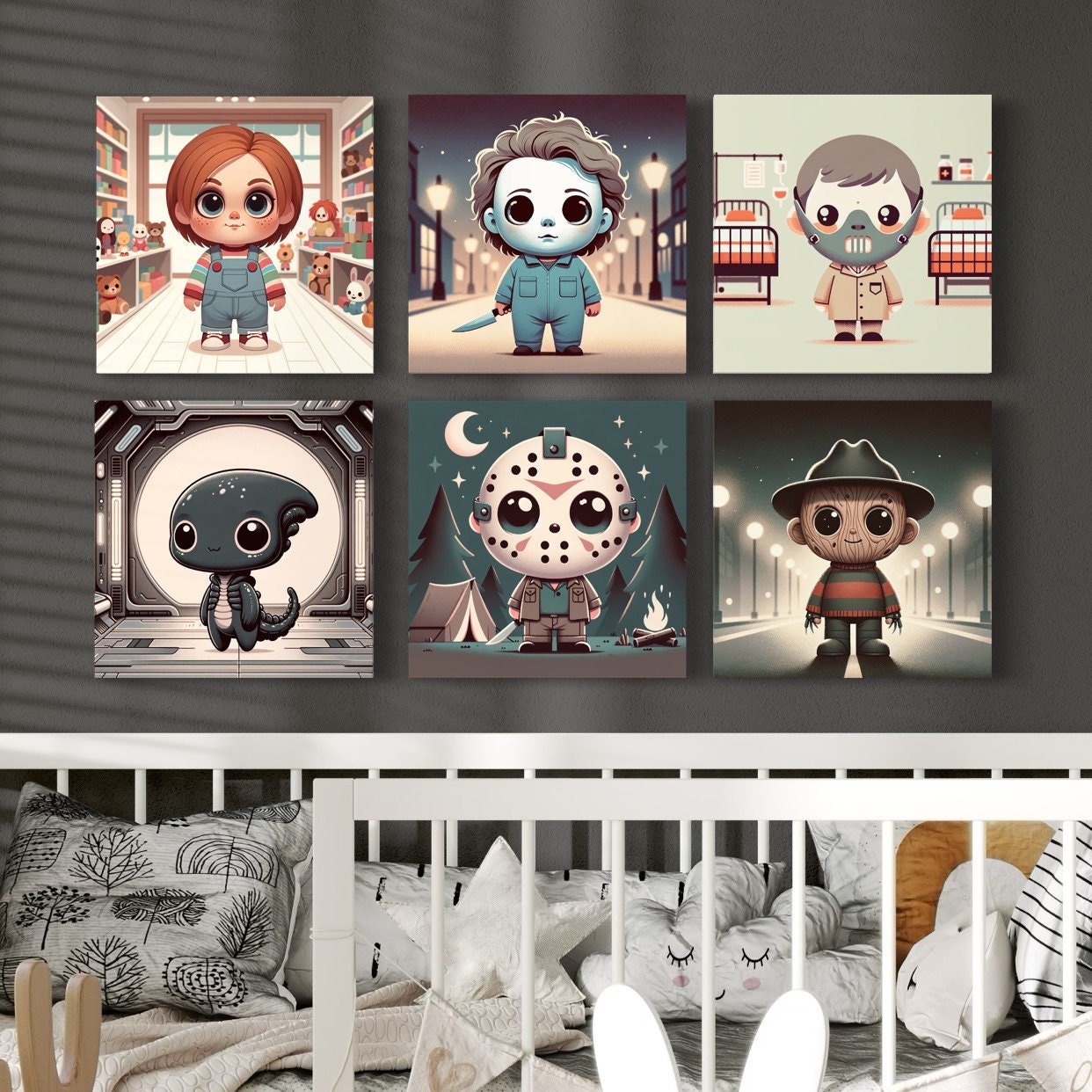 6pk Cute Horror Icons Nursery Art, Slashers Wall Art, Baby, Cute Kids ...