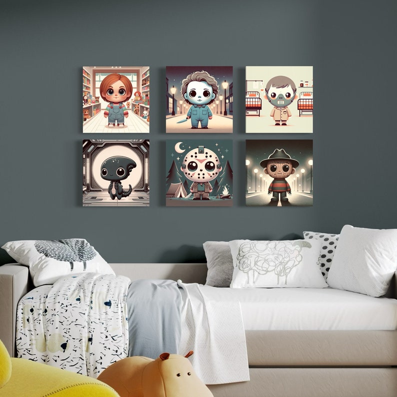 6pk Cute Horror Icons Nursery Art, Slashers Wall Art, Baby, Cute Kids ...