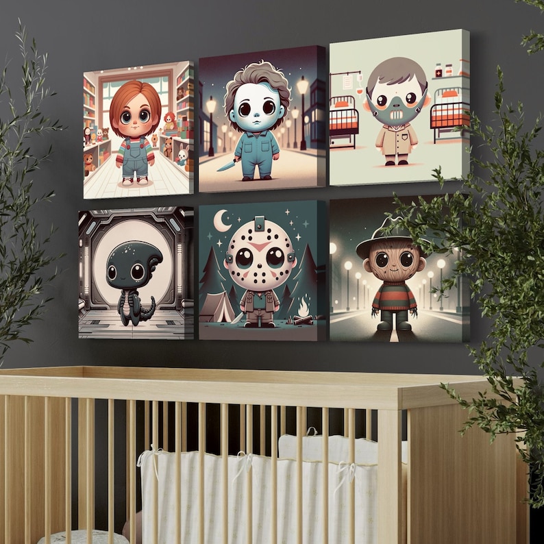 6pk Cute Horror Icons Nursery Art, Slashers Wall Art, Baby, Cute Kids ...