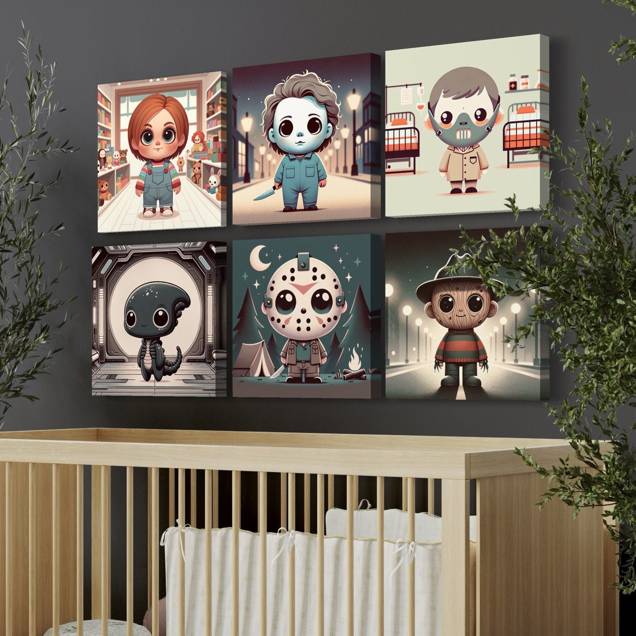 6pk Cute Horror Icons Nursery Art, Slashers Wall Art, Baby, Cute Kids ...