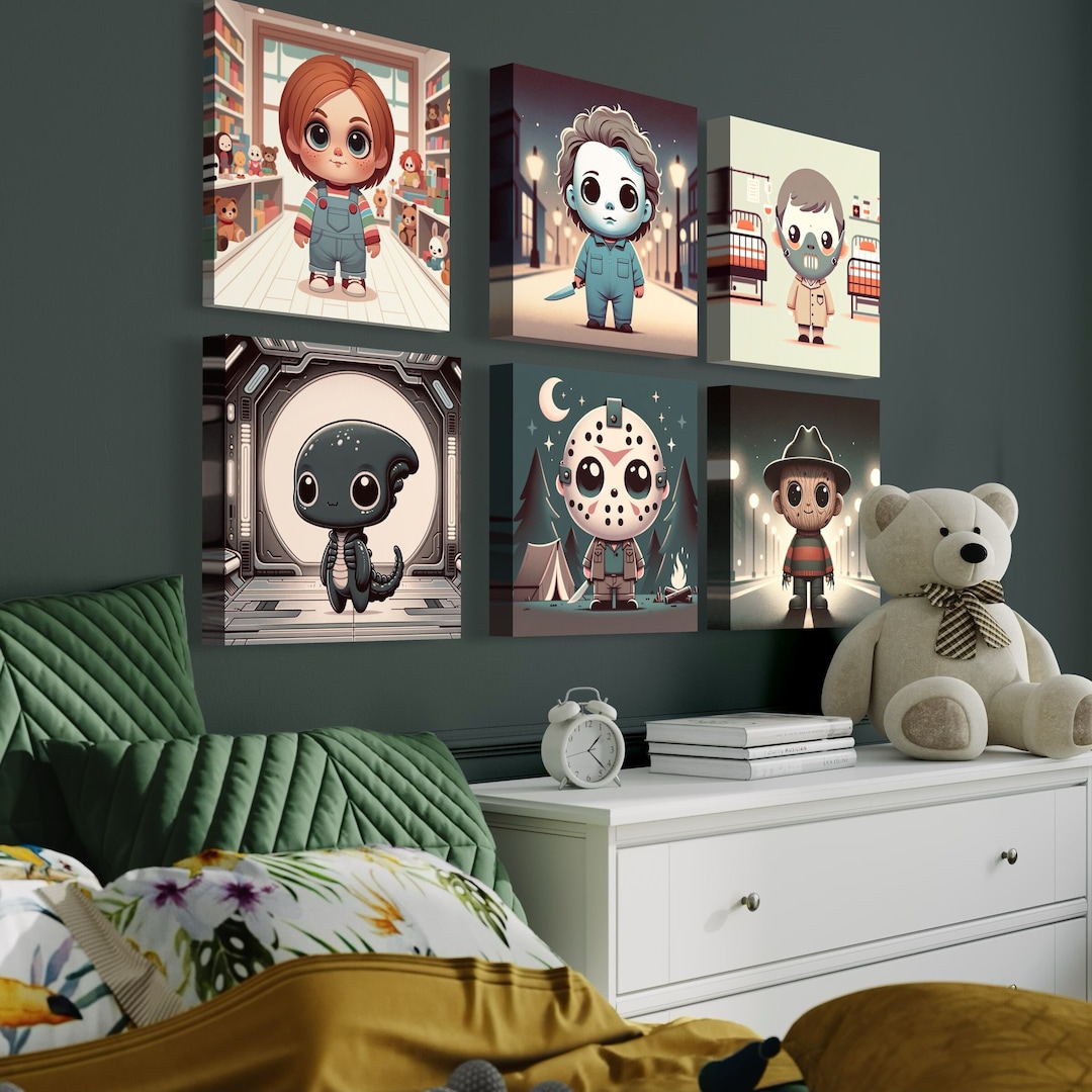6pk Cute Horror Icons Nursery Art, Slashers Wall Art, Baby, Cute Kids ...
