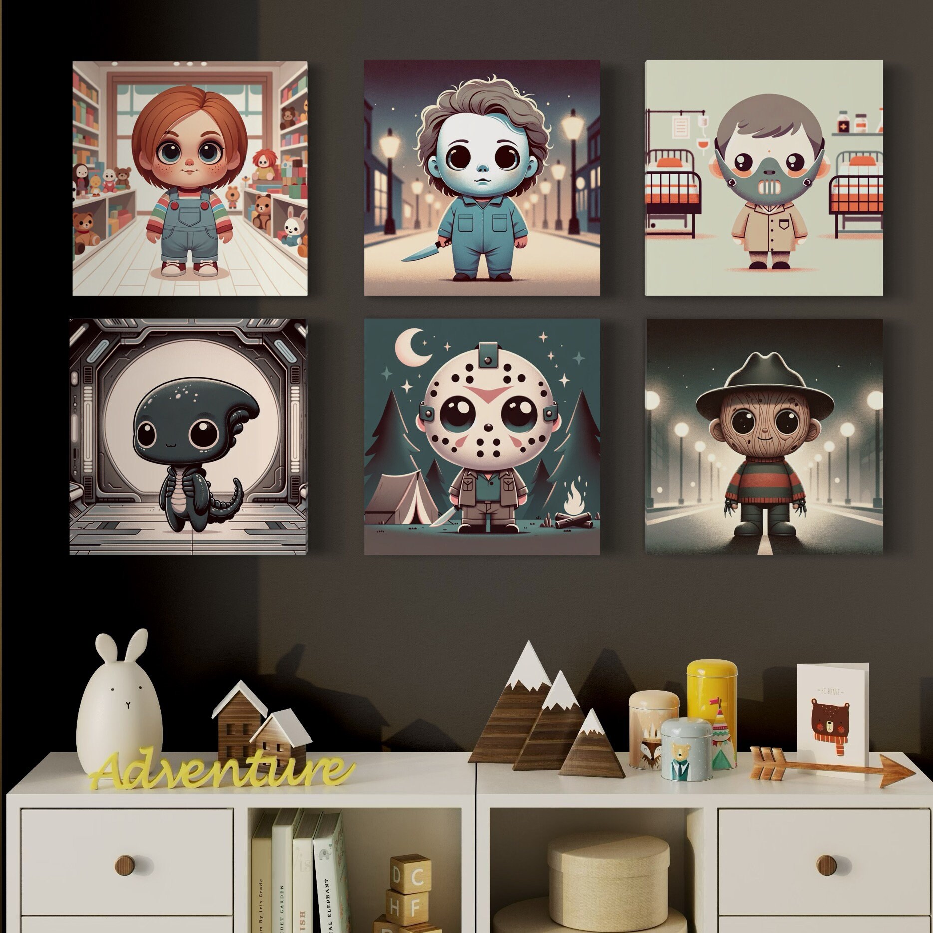 6pk Cute Horror Icons Nursery Art, Slashers Wall Art, Baby, Cute Kids ...