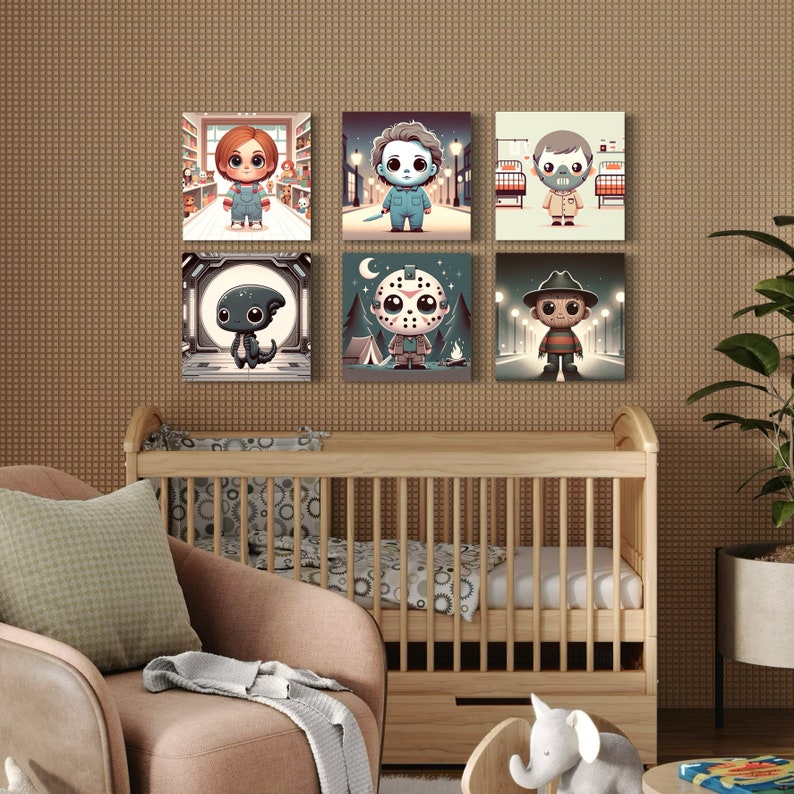 6pk Cute Horror Icons Nursery Art, Slashers Wall Art, Baby, Cute Kids ...
