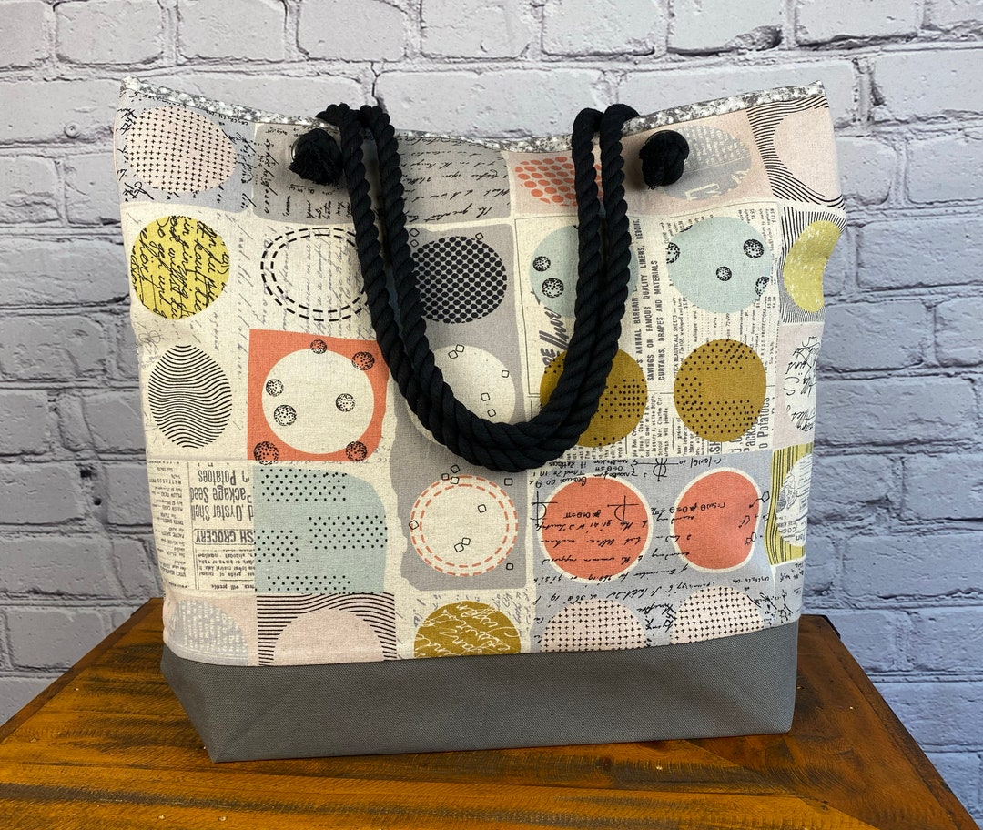 Upcycled Large Open Tote, Geometric and Script Pattern - Etsy