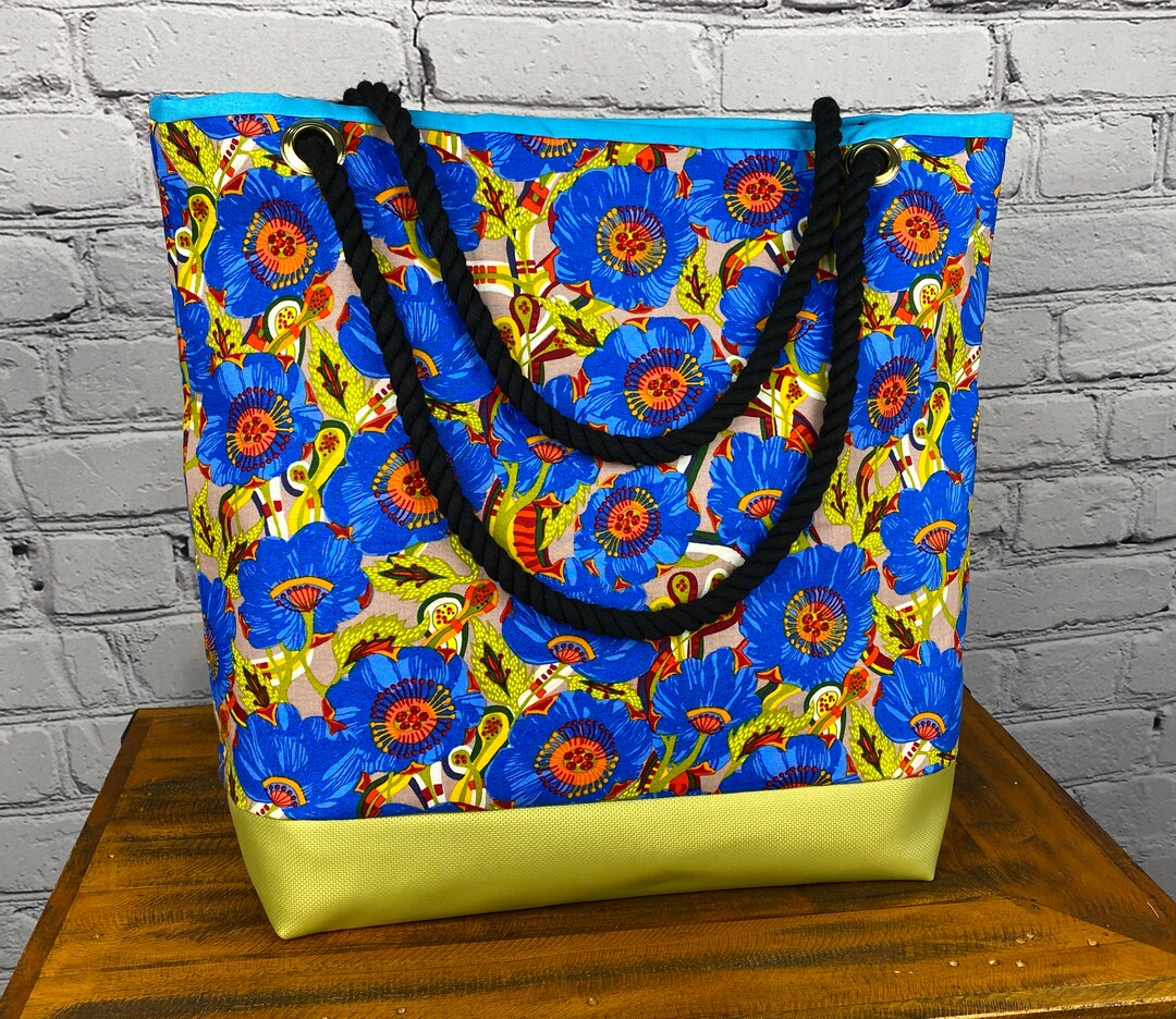 Upcycled Large Open Tote, Inside Pocket, Bright Blue Flowers and Yellow ...