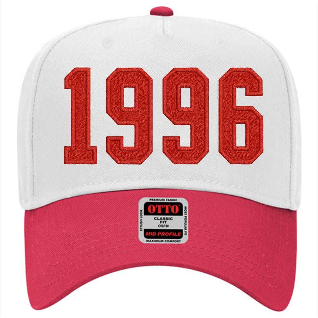 1996 Embroidered Hat Retro Two-tone White & Red Five Panel Baseball Cap ...