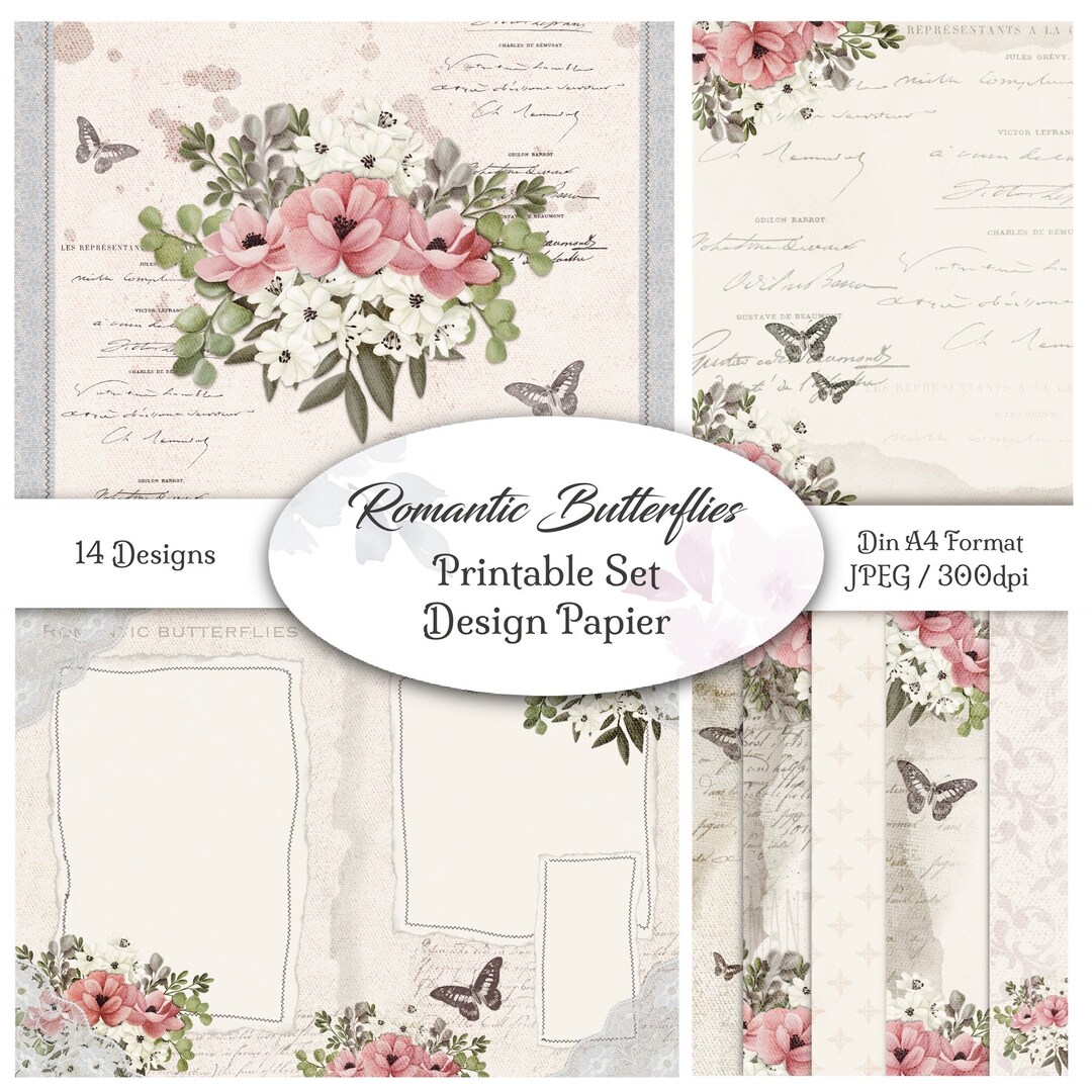 DIGITAL Junk Journal Paper / Design Romantic Butterflies / 14 Pages ...