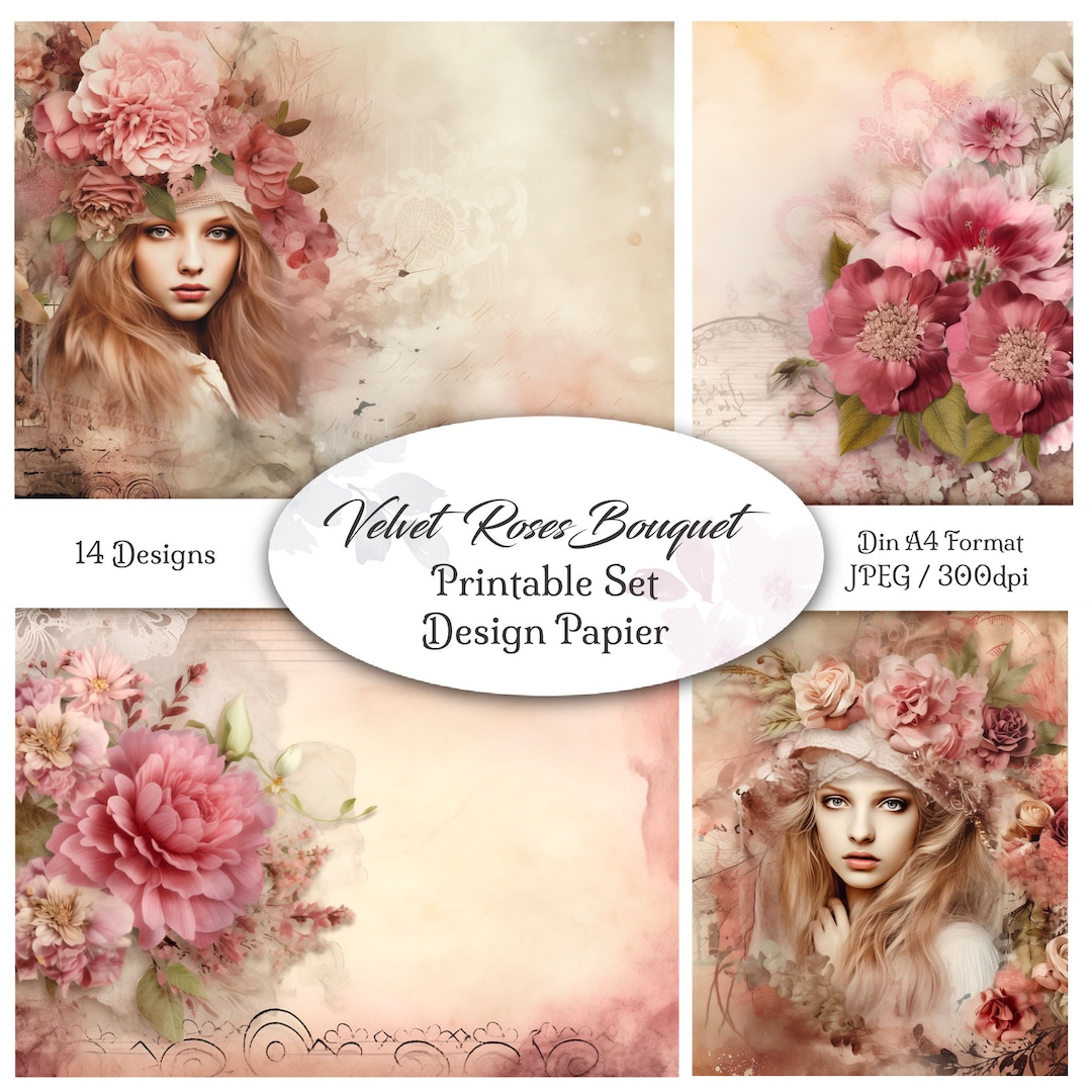 DIGITAL Junk Journal Paper / Design Velvet Roses Bouquet / 14 Pages ...