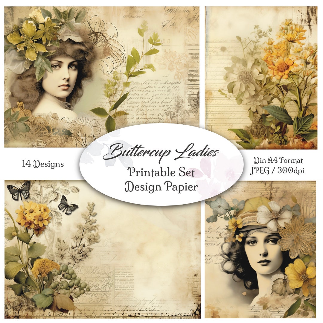 DIGITAL Junk Journal Paper / Design Buttercup Ladies / 14 Pages / Files ...