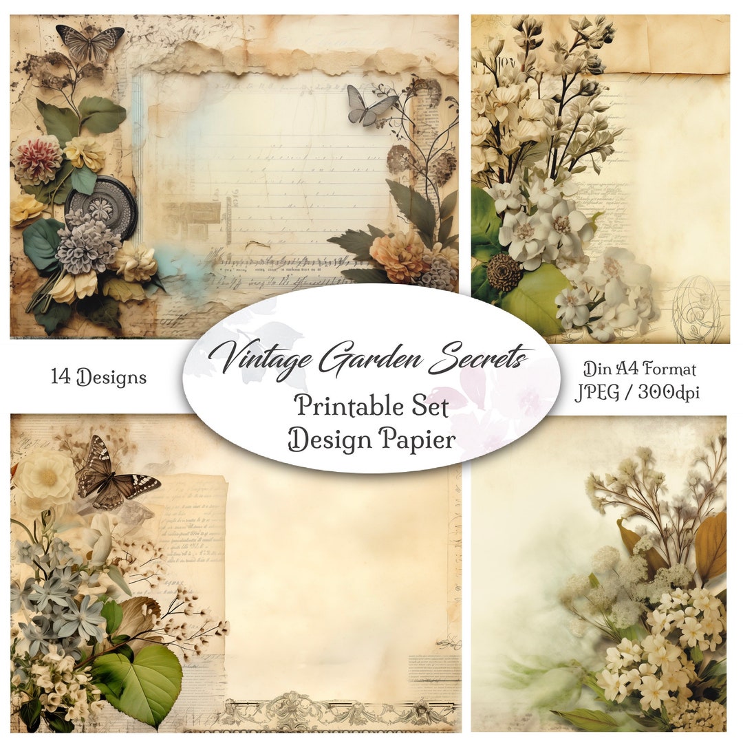 DIGITAL Junk Journal Paper / Design Vintage Garden Secrets / 14 Pages ...