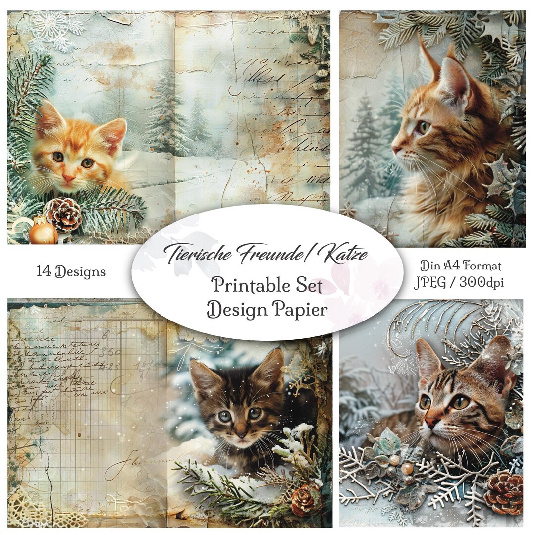 DIGITAL Junk Journal Paper / Design Animal Friends Cats / 14 Pages ...