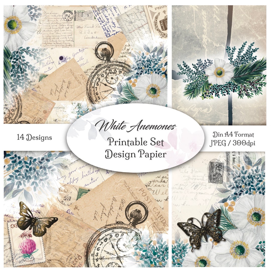 DIGITAL Junk Journal Paper / Design White Anemones / 14 Pages / Files ...