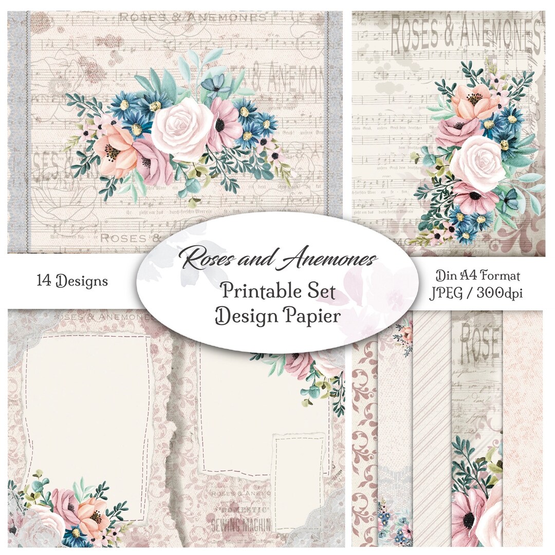 DIGITAL Junk Journal Paper / Design Roses and Anemones / 14 Pages ...