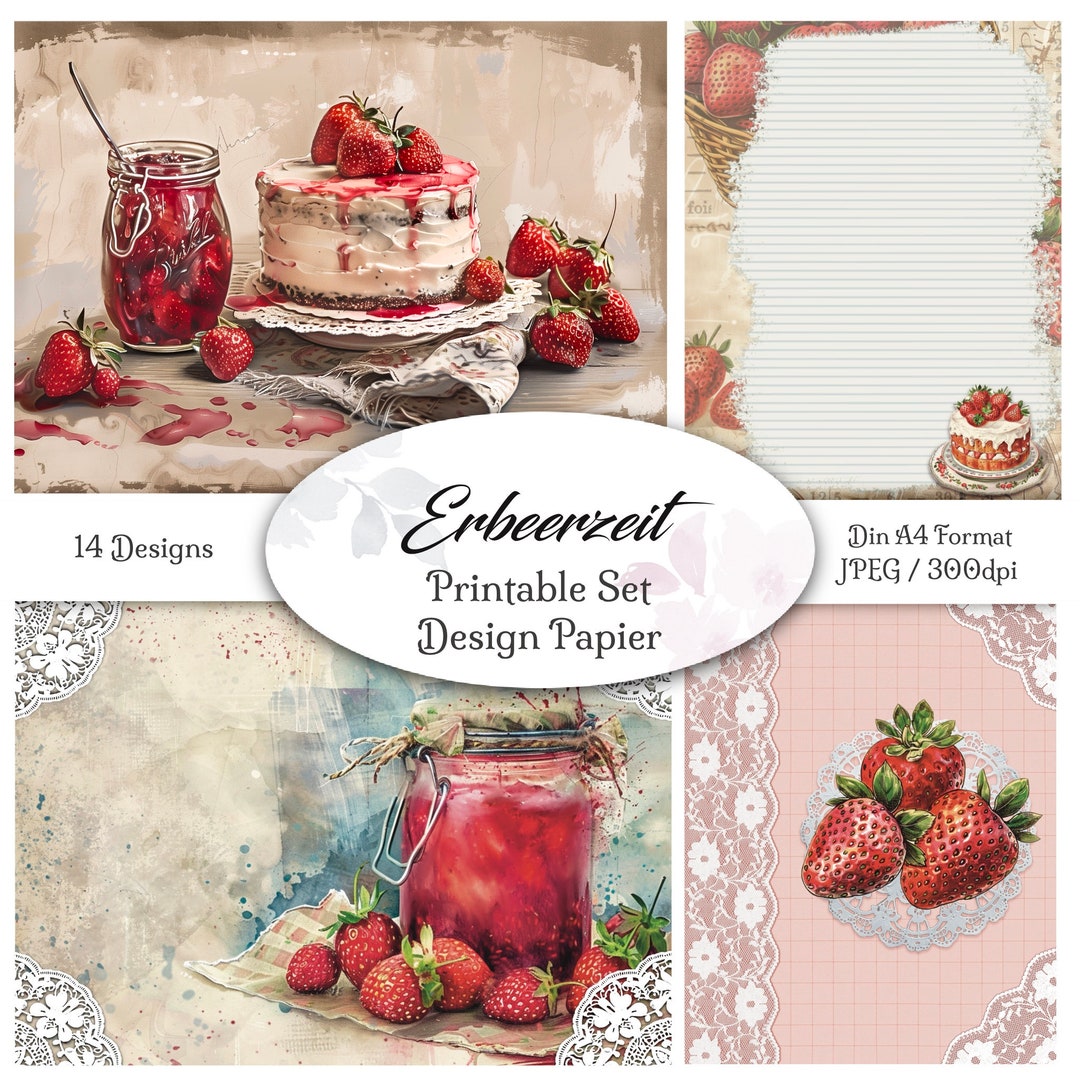DIGITAL Junk Journal Paper / Design Strawberry Time / 14 Pages / Files ...