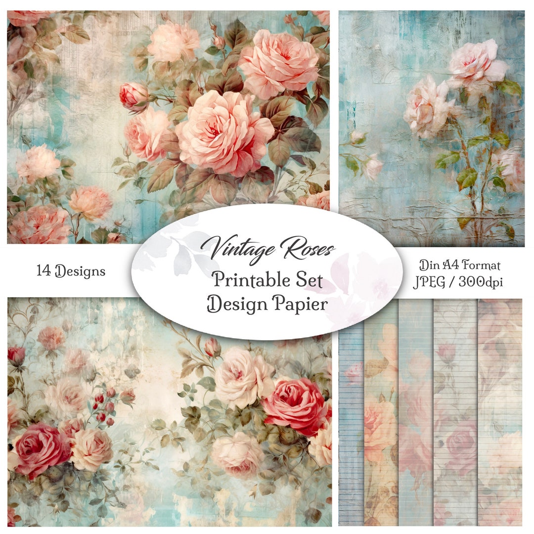 DIGITAL Junk Journal Paper / Design Vintage Roses / 14 Pages / Files ...