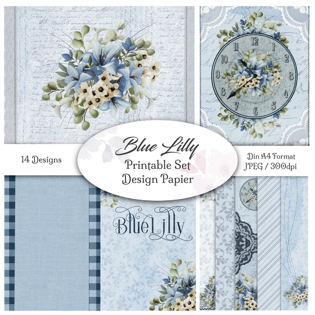 DIGITAL Junk Journal Paper / Design Blue Lilly / 14 Pages / Files for ...